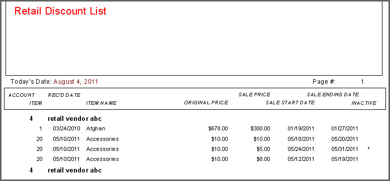 Retail Discount List Report