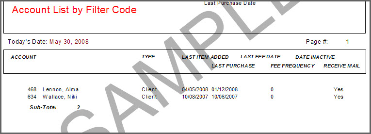 Account List by Filter Code Report
