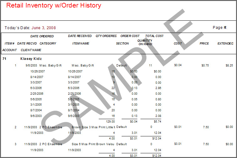 Retail Inventory with Order History Report