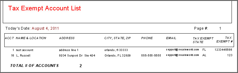Tax Exempt Account List Report